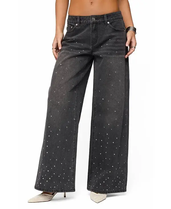 EDIKTED Rhinestone Washed Low Rise Baggy Jeans - Black-washed