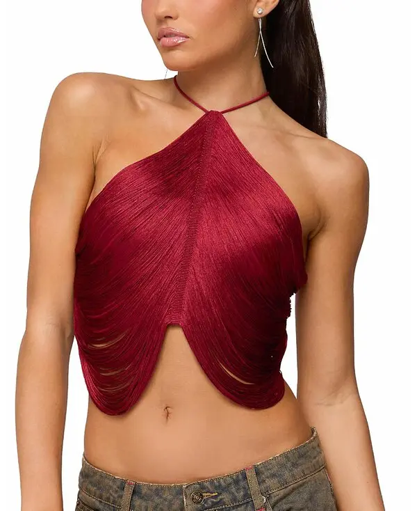 EDIKTED Hara Fringed Crisscross Backless Top - Burgundy