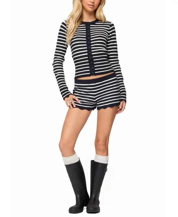 EDIKTED Striped Knit Shorts - Navy-and-white