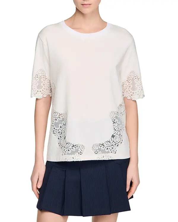 Sandro Cotton Tee With Lace Detail - Ecru