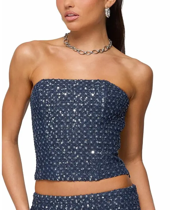 EDIKTED Sora Sequin Distressed Denim Corset - Dark-blue