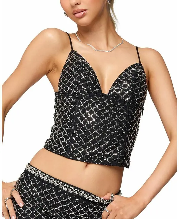 EDIKTED Jenny Beaded Mesh Boned Top - Black