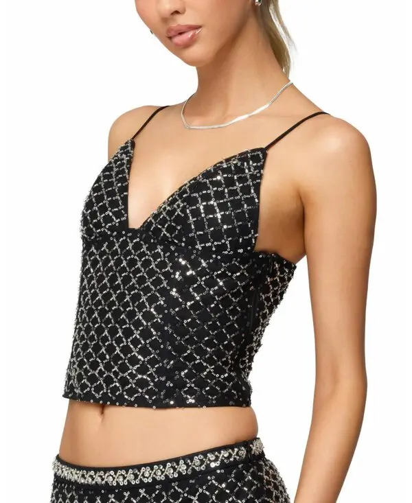 EDIKTED Jenny Beaded Mesh Boned Top
