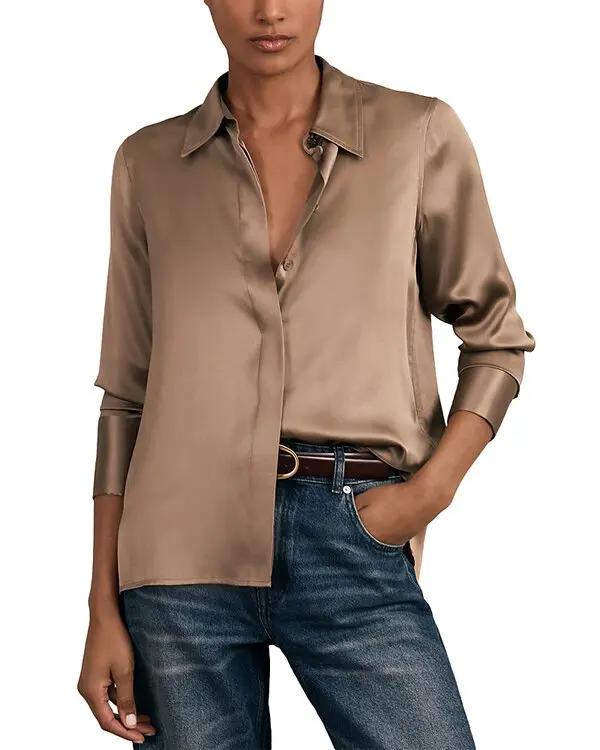 REISS Petites Ameira Silk Satin Shirt - Taupe Brown