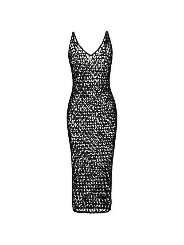PARAMIDONNA Crochet V-neck Midi Dress - Black