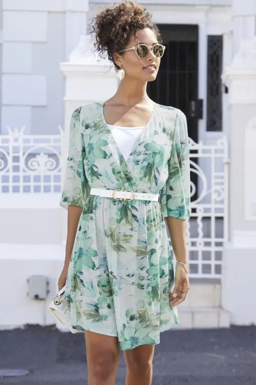 LASCANA Floral Print V-neck Fit & Flare Midi Dress