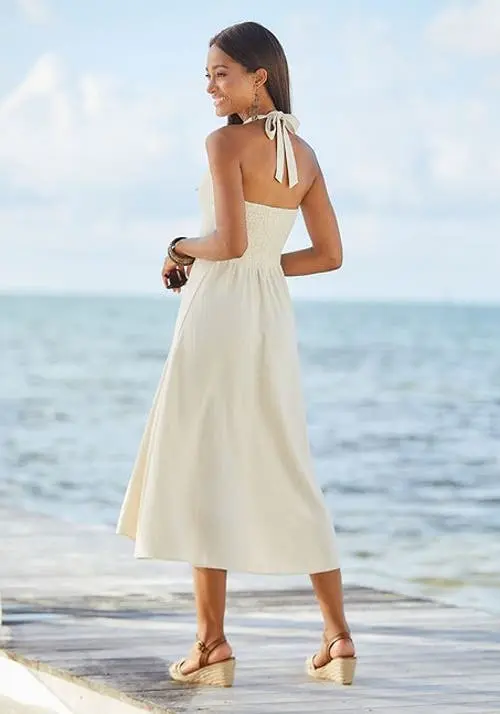 LASCANA Flowy Halter Neck Linen Blend Dress