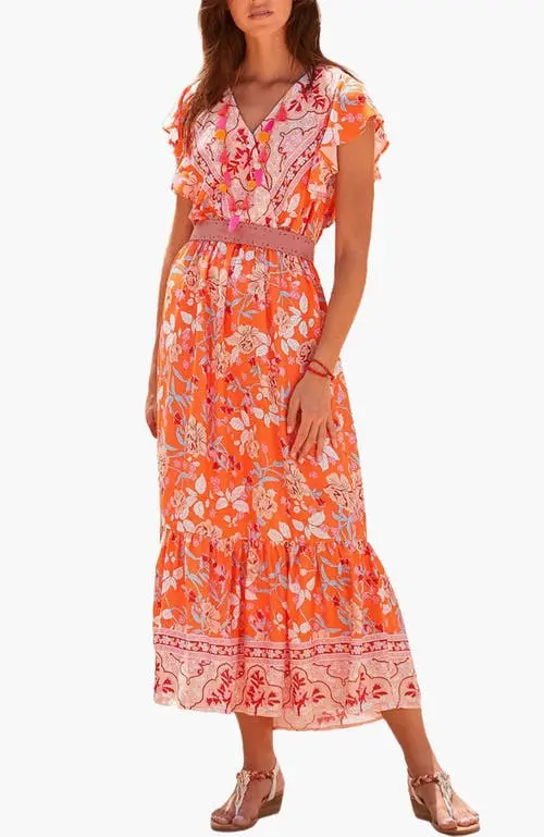 LASCANA Floral V-neck Maxi Dress With Flutter Sleeves - Orange Multi