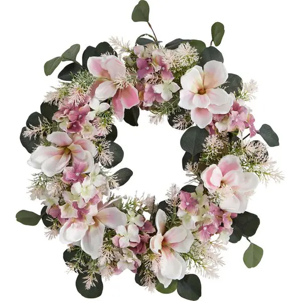 NEARLY NATURAL 20-in Hydrangea And Magnolia Artificial Wreath - Pink