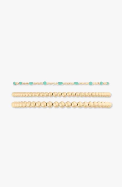 CUFFED BY NANO Bead And Turquoise Enamel Chain 14k Filled Bracelet Three Stack - Gold