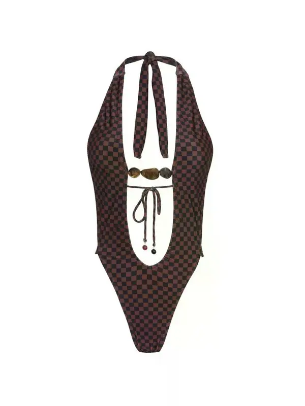 AMIR SLAMA Checked Halter-neck One-piece Swimsuit - Brown