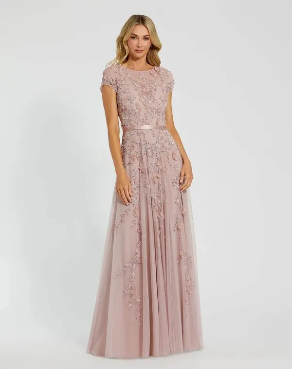 Mac Duggal Petite Floral Embellished Cap Sleeve Gown - Pink
