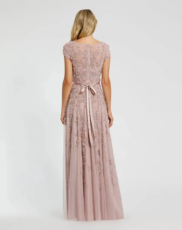 Mac Duggal Petite Floral Embellished Cap Sleeve Gown - Pink
