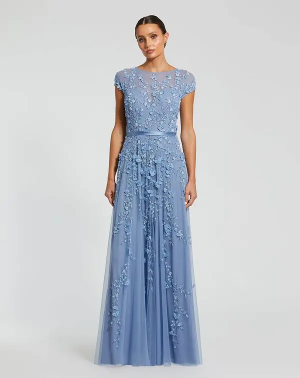 Mac Duggal Petite Floral Embellished Cap Sleeve Gown - Blue