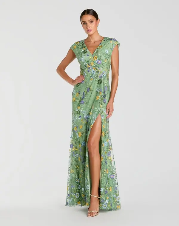 Mac Duggal Faux Wrap Embroidered Cap Sleeve Gown - Green