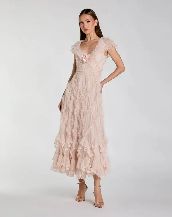 Mac Duggal Petite Pink Micro Ruffle Cap Sleeve A-line Midi Dress - Blush
