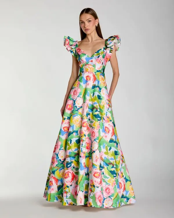 Mac Duggal Floral Ruffle Cap Sleeve Ball Gown
