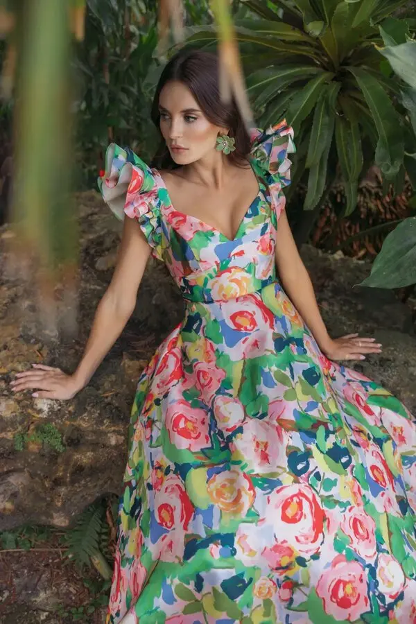 Mac Duggal Floral Ruffle Cap Sleeve Ball Gown