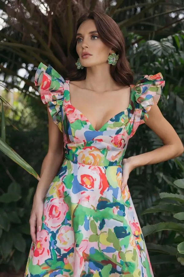 Mac Duggal Floral Ruffle Cap Sleeve Ball Gown