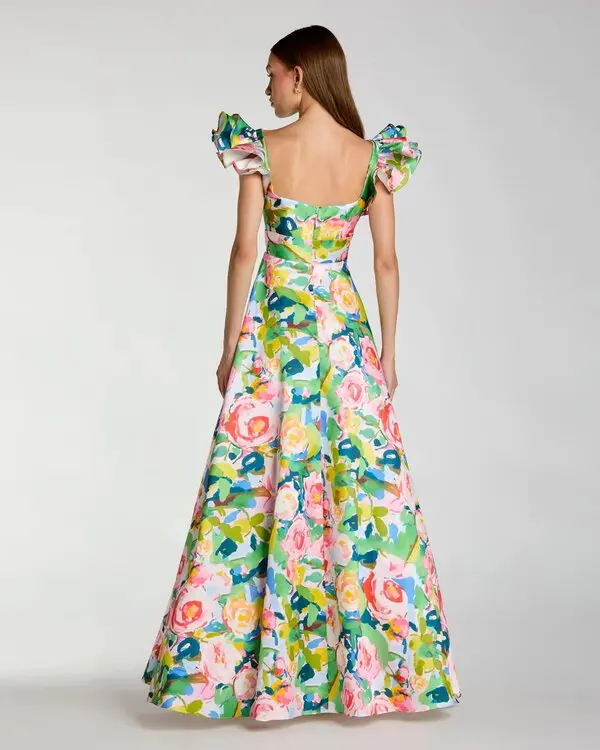 Mac Duggal Floral Ruffle Cap Sleeve Ball Gown