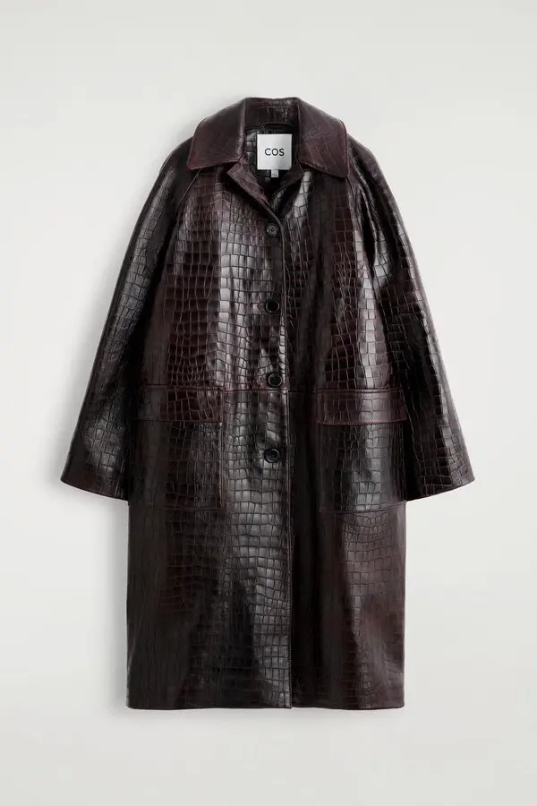 Cos Croc-effect Leather Long Coat - Brown