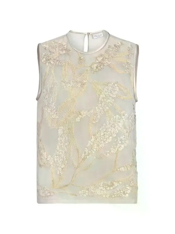 Brunello Cucinelli Crispy Silk Top With Dazzling Seabed Embroidery - Neutrals