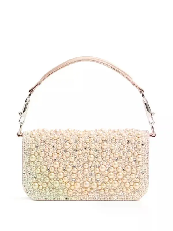 Valentino Garavani Locò Small Shoulder Bag With Pearls And Rhinestones - Neutrals
