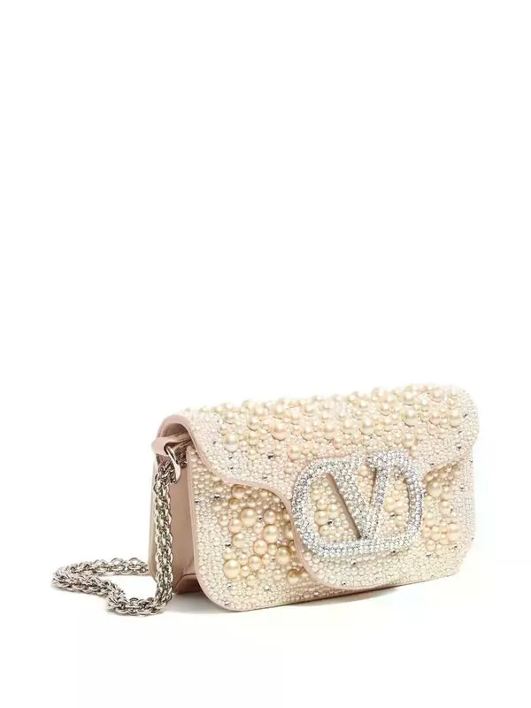 Valentino Garavani Locò Small Shoulder Bag With Pearls And Rhinestones - Neutrals