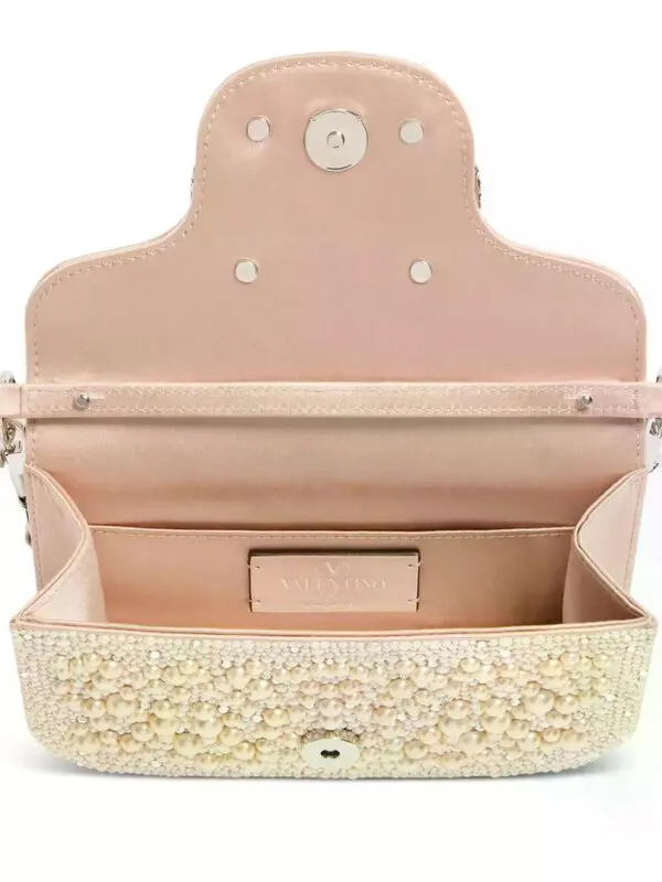 Valentino Garavani Locò Small Shoulder Bag With Pearls And Rhinestones - Neutrals