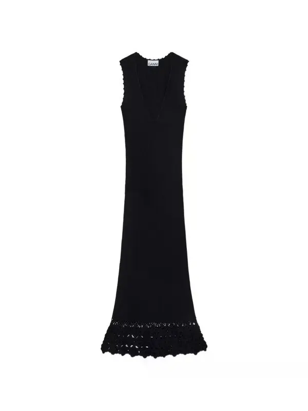 GANNI V-neck Crocheted Maxi Dress - Black