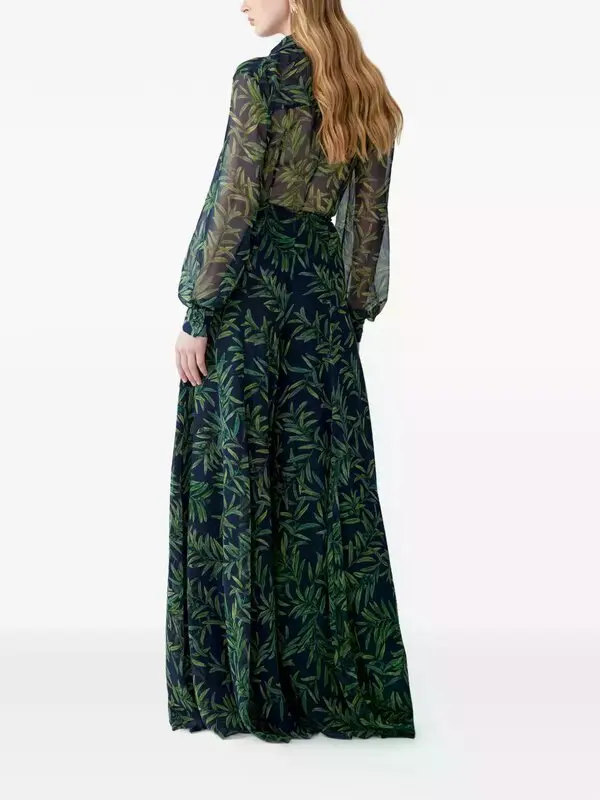 Carolina Herrera Olive Branch-print Silk Chiffon Shirt
