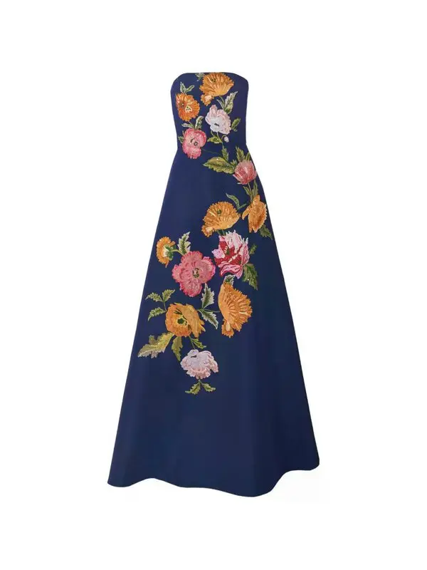 Carolina Herrera Floral-embroidered Strapless Gown - Blue
