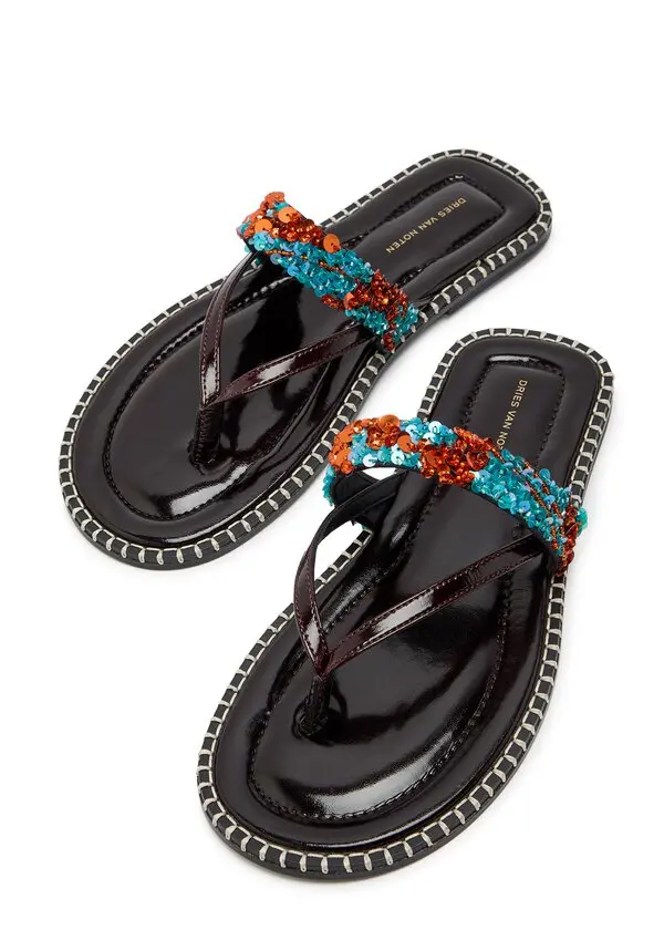 Dries Van Noten Sequin-embellished Patent Leather Flip Flops