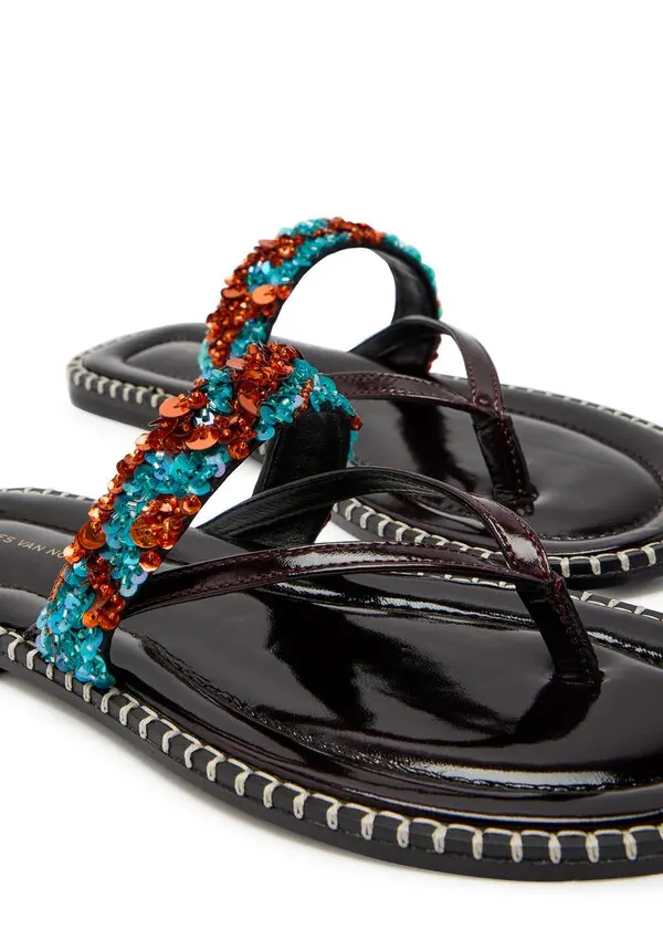 Dries Van Noten Sequin-embellished Patent Leather Flip Flops