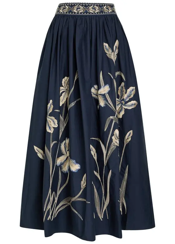 EMPORIO SIRENUSE Ombretta Embroidered Cotton-poplin Maxi Skirt - Navy
