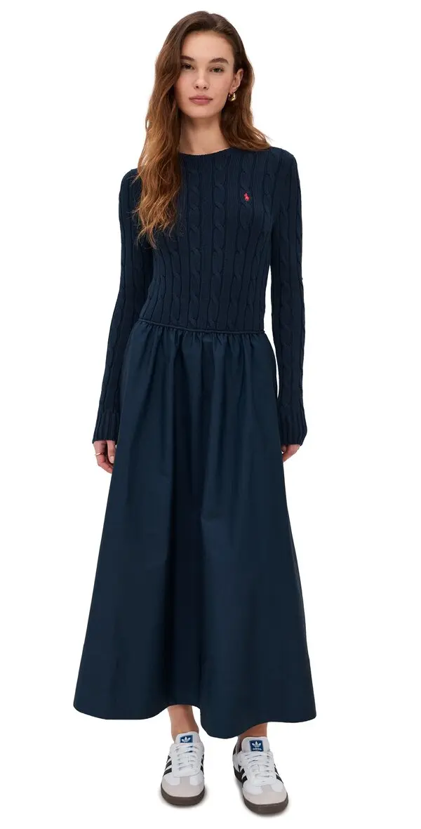 Polo Ralph Lauren Cable Knit Poplin Dress - Hunter Navy