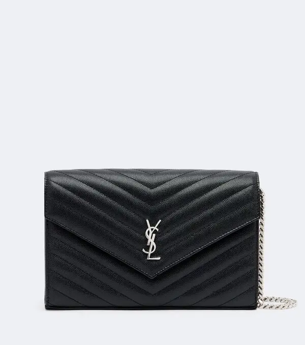 Saint Laurent Cassandre Envelope Leather Wallet On Chain - Black
