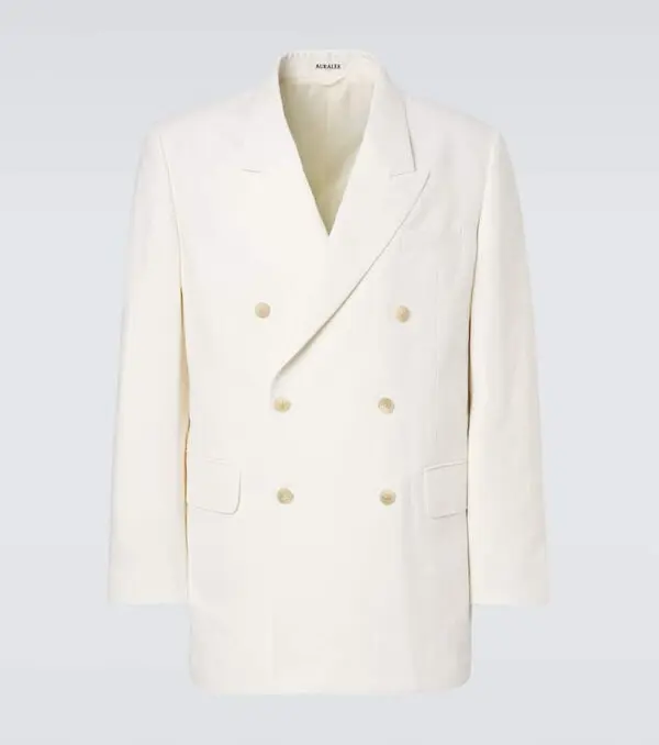 Auralee Double-breasted Wool, Cotton, And Linen Blazer - White