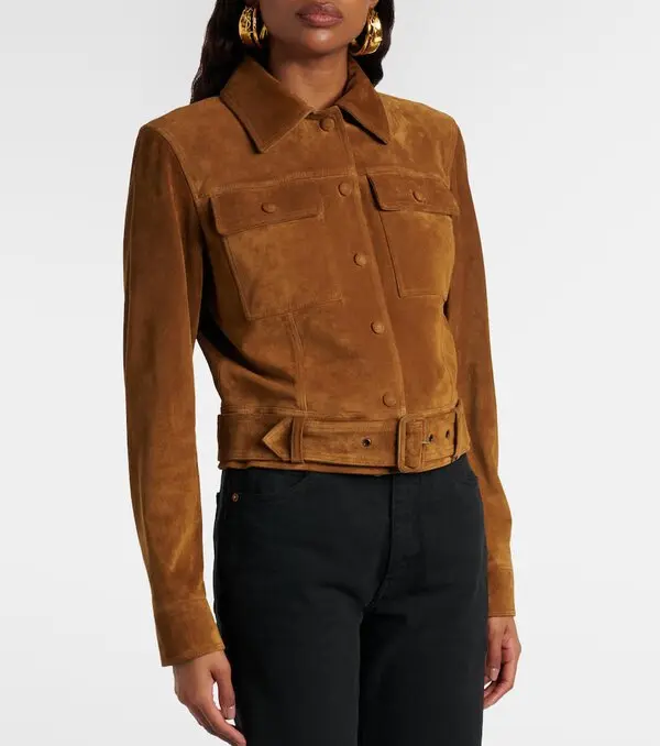 Saint Laurent Belted Cropped Suede Jacket - Brown