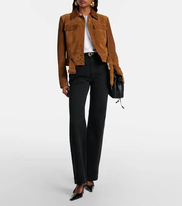 Saint Laurent Belted Cropped Suede Jacket - Brown