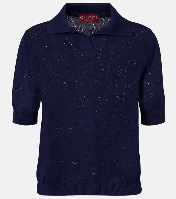 Gucci Gg Pointelle Silk And Cotton Polo Shirt - Blue