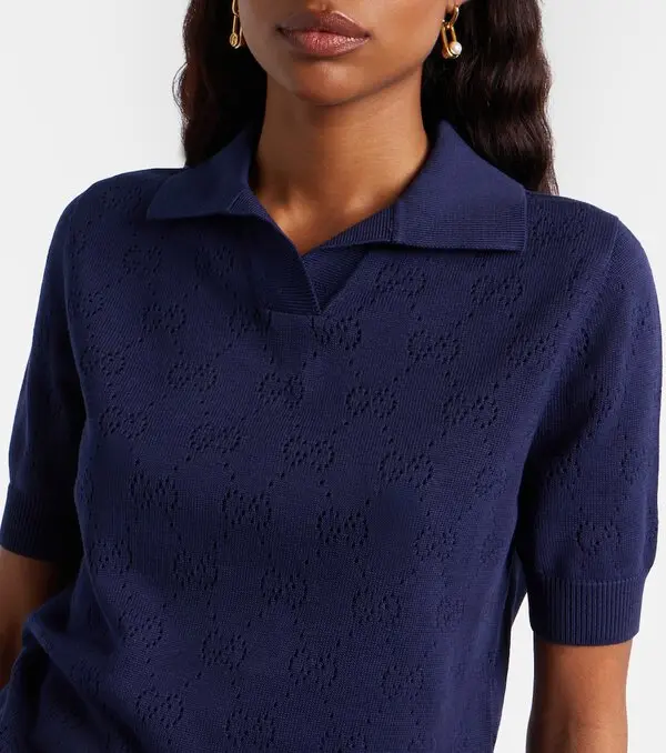 Gucci Gg Pointelle Silk And Cotton Polo Shirt - Blue