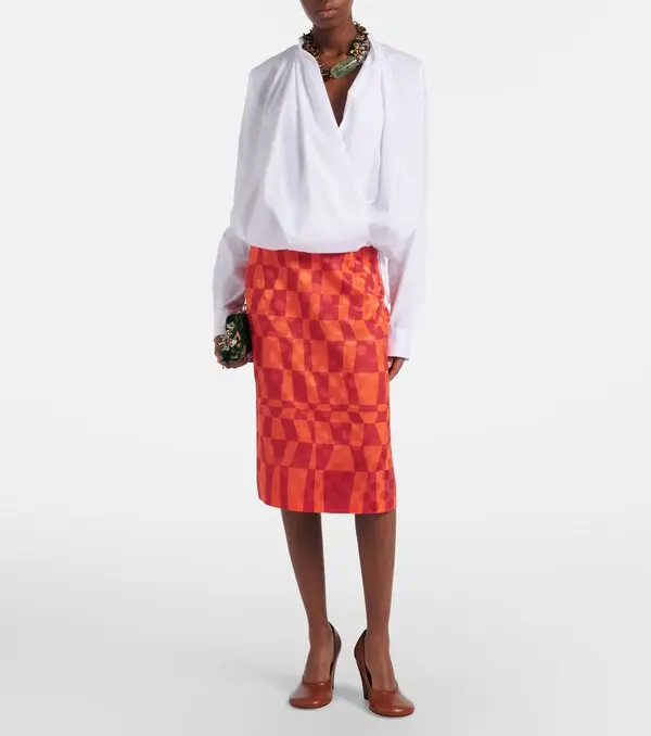 Dries Van Noten Satin Jacquard Midi Skirt - Orange