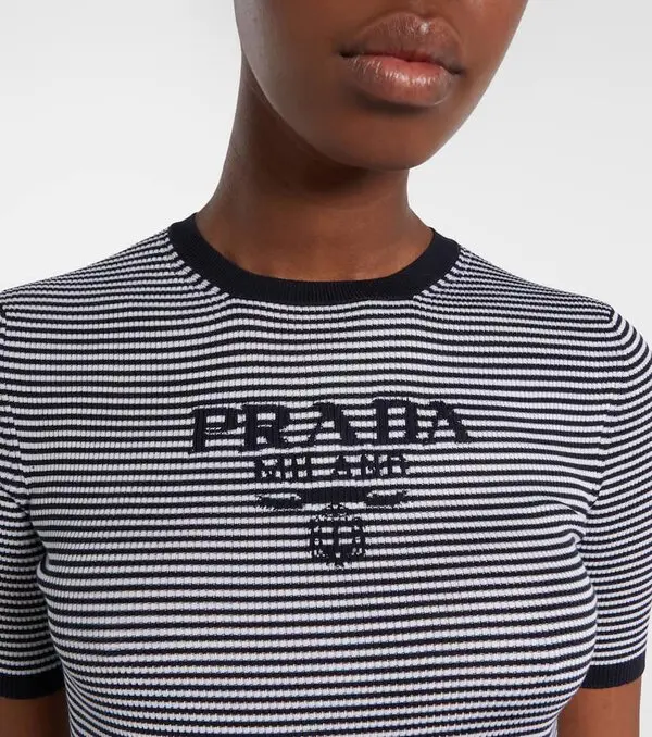 Prada Logo Striped Silk Sweater - Blue