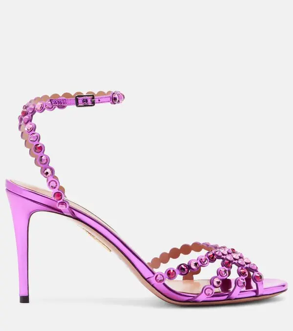 AQUAZZURA Tequila Crystal-embellished Metallic Leather Sandals