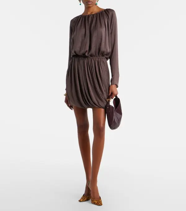 Saint Laurent Draped Taffeta Mini Dress - Brown