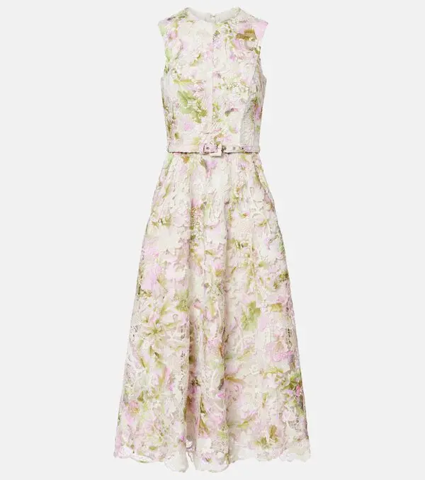 Monique Lhuillier Belted Lace Midi Dress - Multicoloured