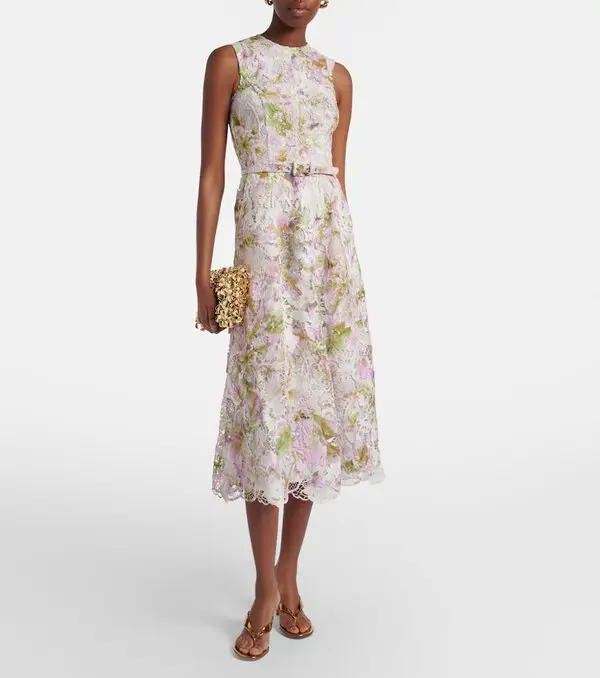 Monique Lhuillier Belted Lace Midi Dress
