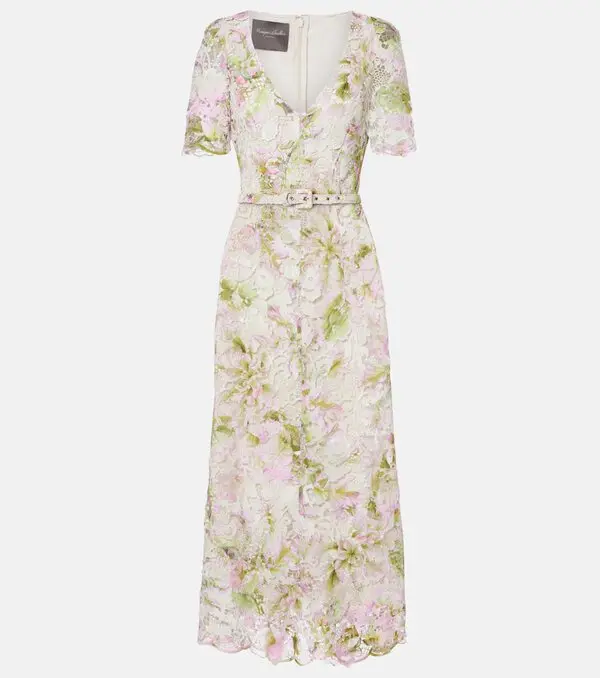 Monique Lhuillier Belted Lace Midi Dress - Multicoloured
