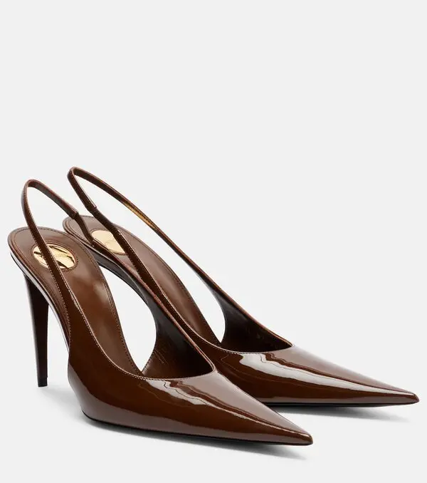 Saint Laurent Guermantes 95 Patent Leather Slingback Pumps - Brown